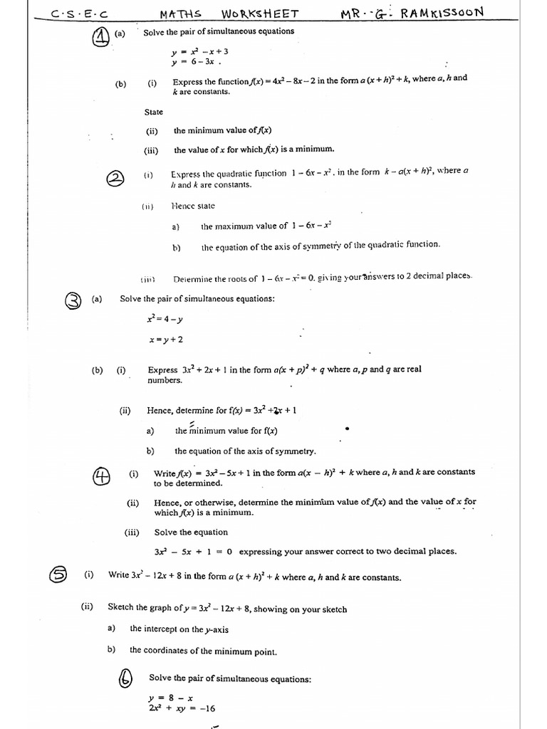 Csec Math (2011 - 14) Simultaneous Eqns. - Completing Square-20250215103519 | PDF