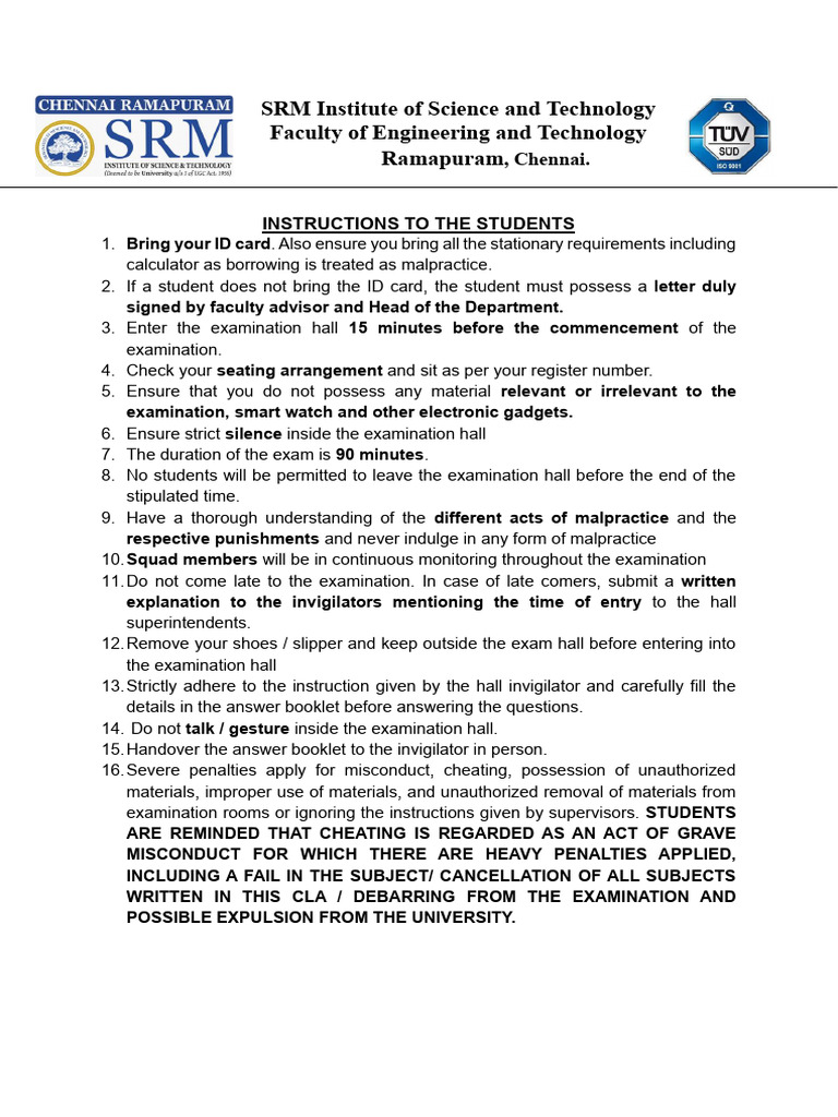 Exam Instructions for SRM Students | PDF