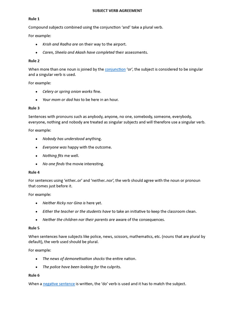 Subject Verb Agreement Rules With Examples | PDF | Grammatical Number ...
