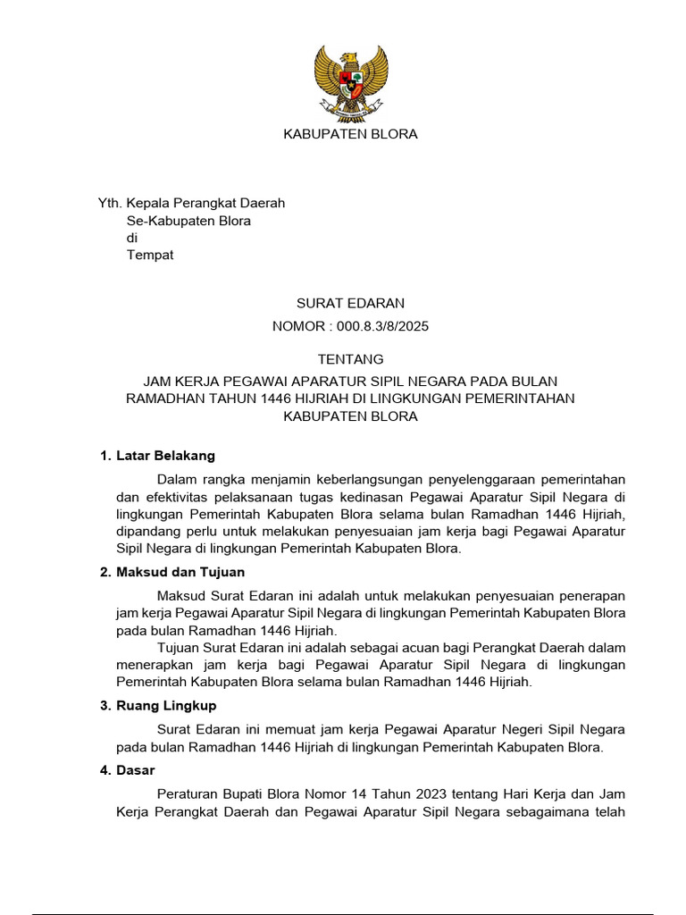 Jam Kerja ASN Blora Ramadhan 1446 | PDF