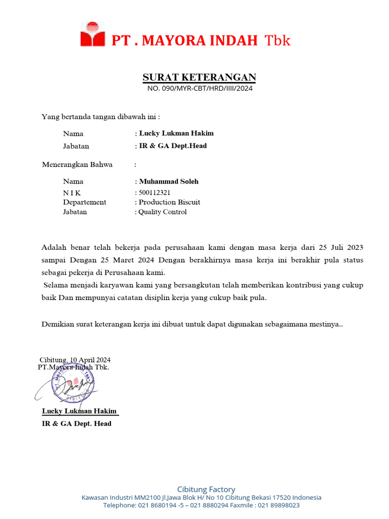 PT MAYORA Paklaring | PDF