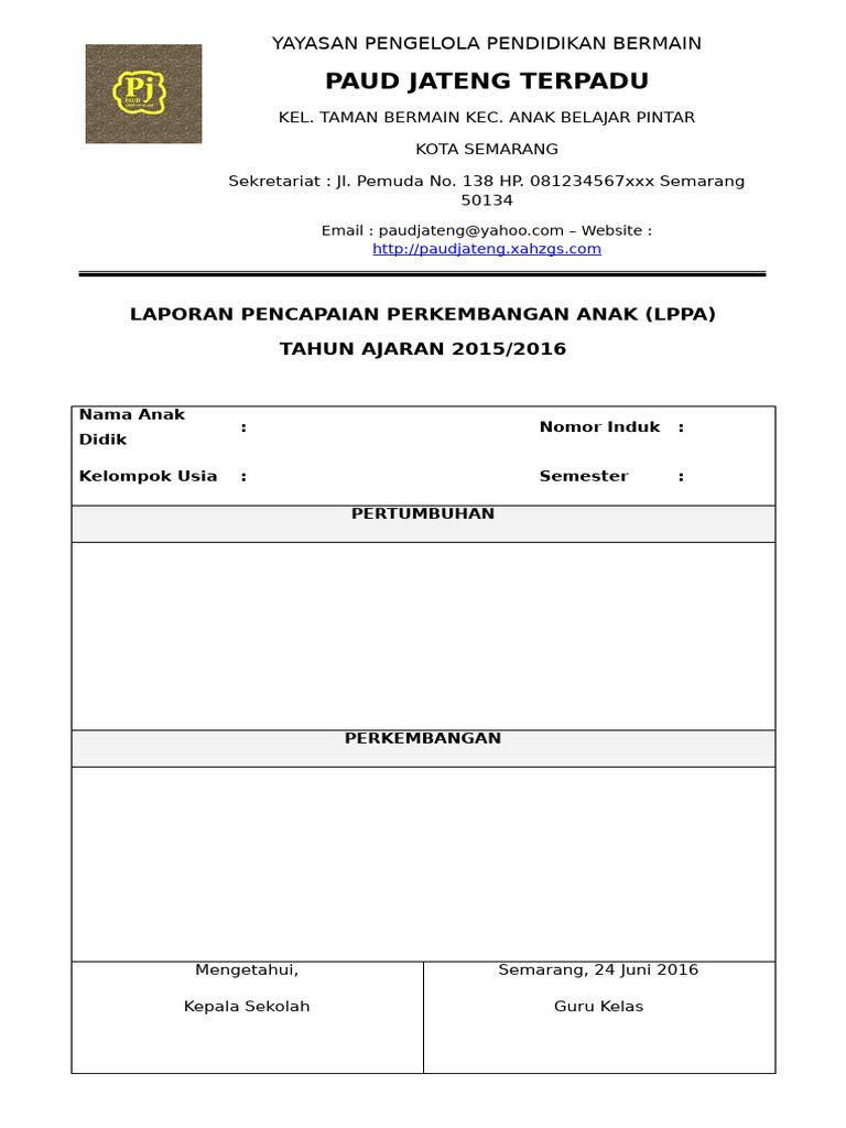 FORMAT LPPA PAUD LAPORAN PERKEMBANGAN ANAK | PDF