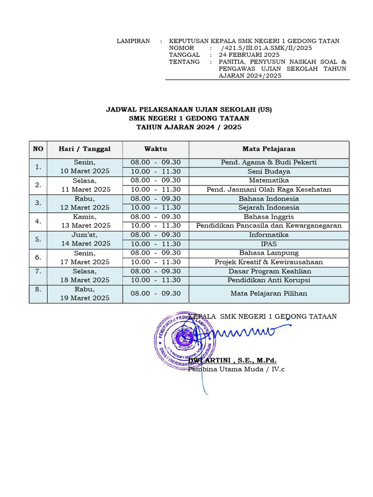 Jadwal Ujian Sekolah (Us) SMK Negeri 1 Gedong Tataan Tahun Ajaran ...