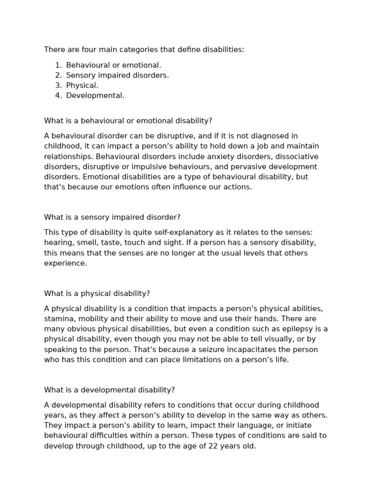 Types of disabilities | PDF | Disability | Mental Disorder