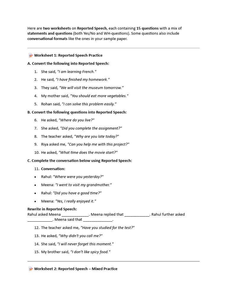 Reported Speech Work Sheet | PDF