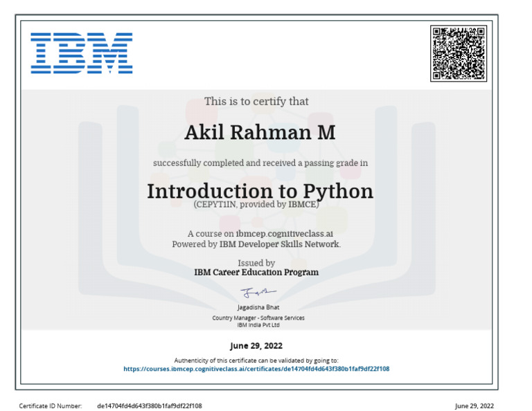 IBMCE CEPYT1IN Certificate - IBM Career Education Program - Python | PDF