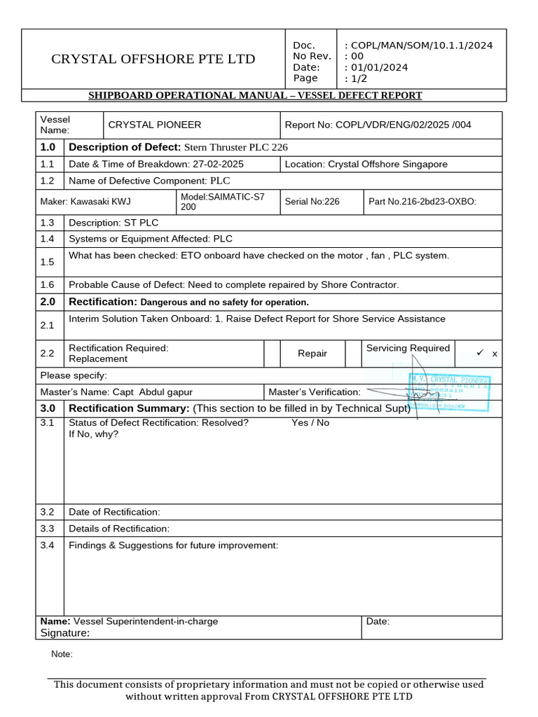 SOM-10!01!10 Vessel Defect Report Stern Thruster PLC | PDF