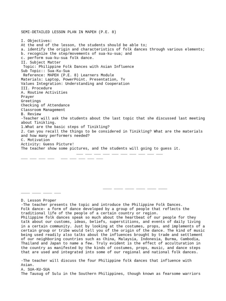Semi-Detailed Lessson Plan - Docx. | PDF | Lesson Plan | Dances