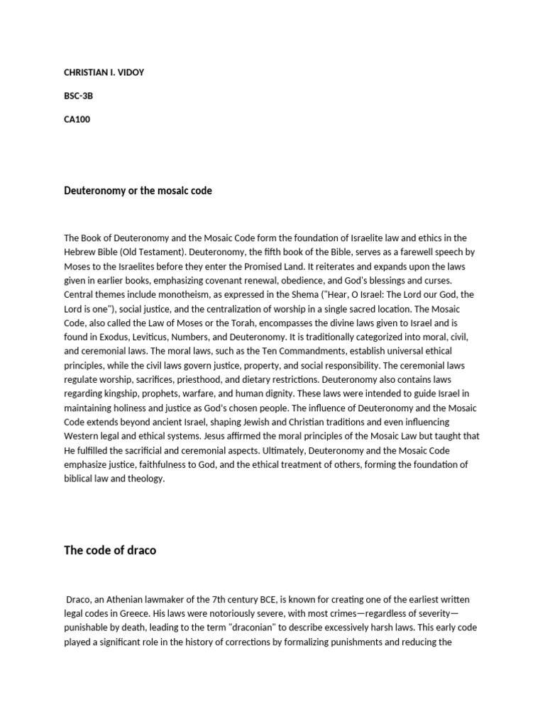 Vidoy, Deuteronomy the Mosaic Code,The Code of Draco, The Code of Solon ...