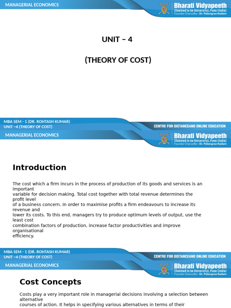 UNIT-4 (THEORY OF COST) | PDF | Production Function | Economics