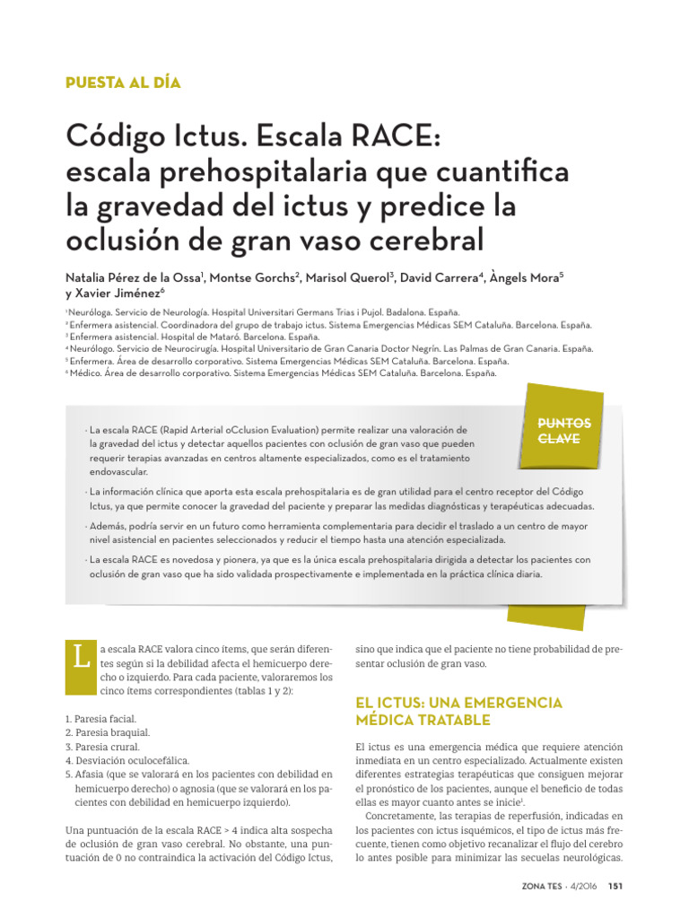 Escala RACE: Evaluación Prehospitalaria del Ictus | PDF | Cuidado de la ...
