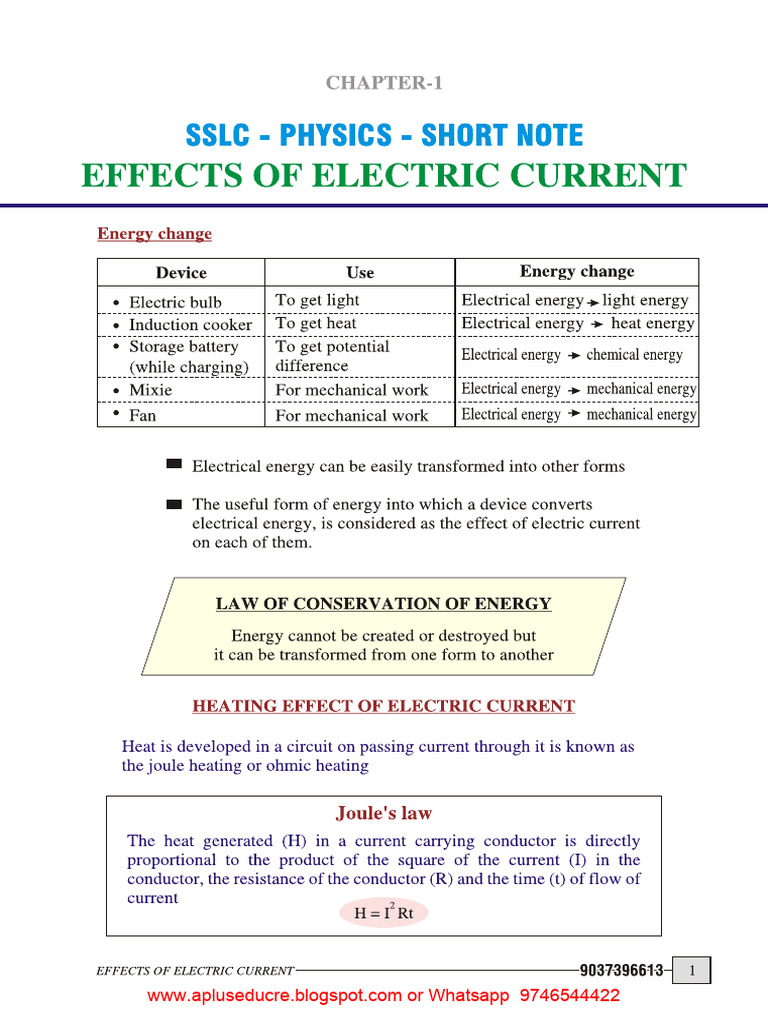 A+ Blog SSLC Physics Chapter 1 Effects of Electric Current PDF Note | PDF