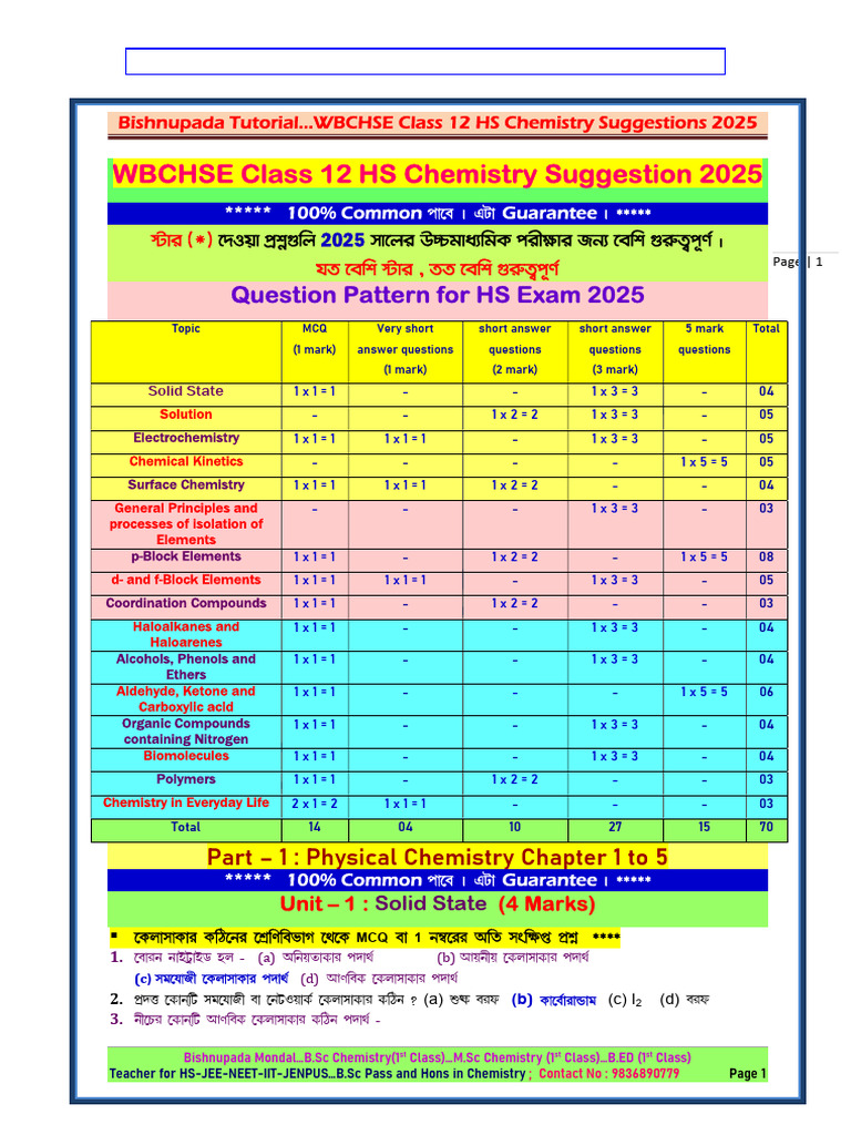 HS 2025 Chemistry Suggestion - Physical Chemistry | PDF | Chemistry | Physical Sciences