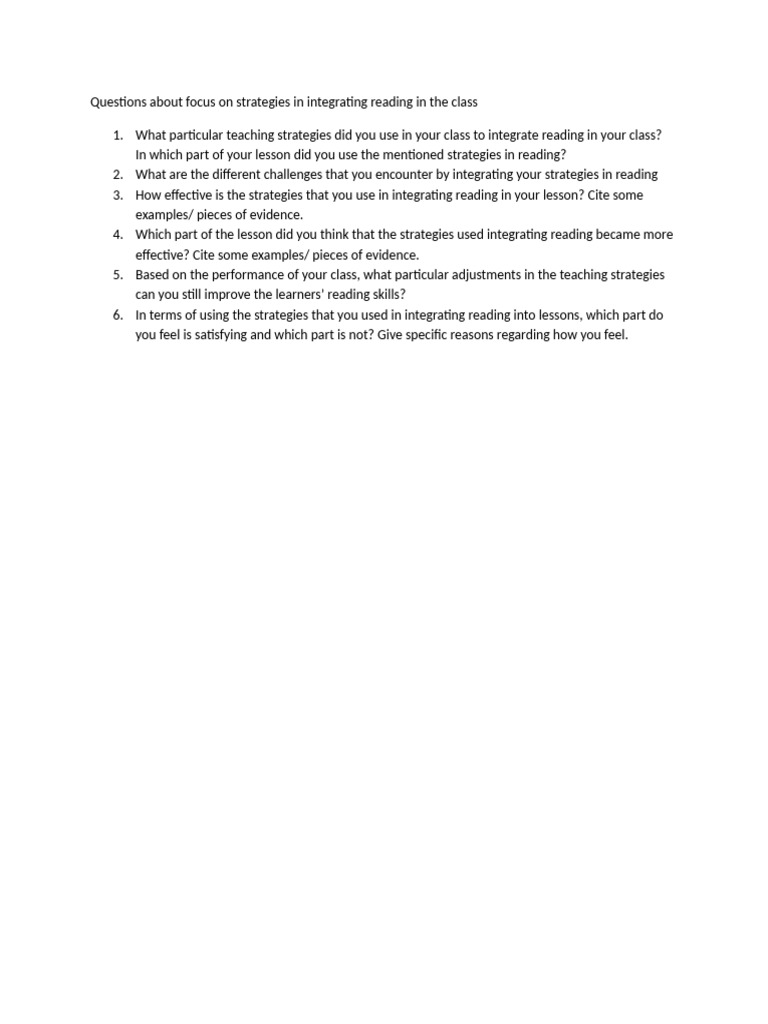 Questions About Focus On Strategies in Integrating Reading in The Class ...