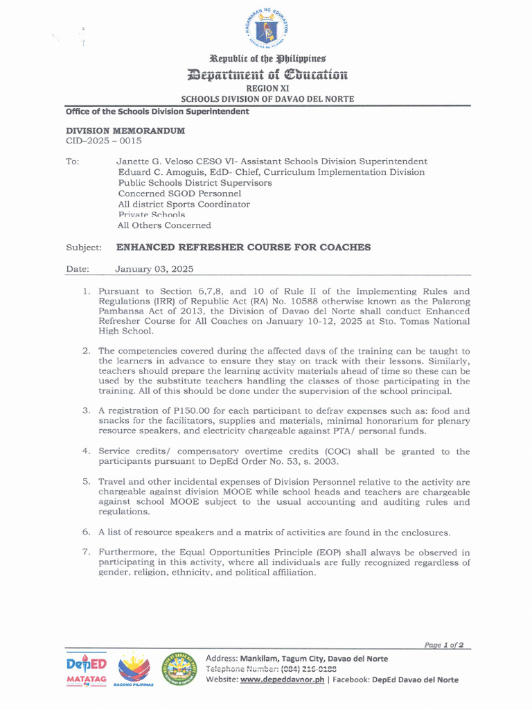 DM Cid 2025 0015 Enhanced Refresher Course For Coaches | PDF