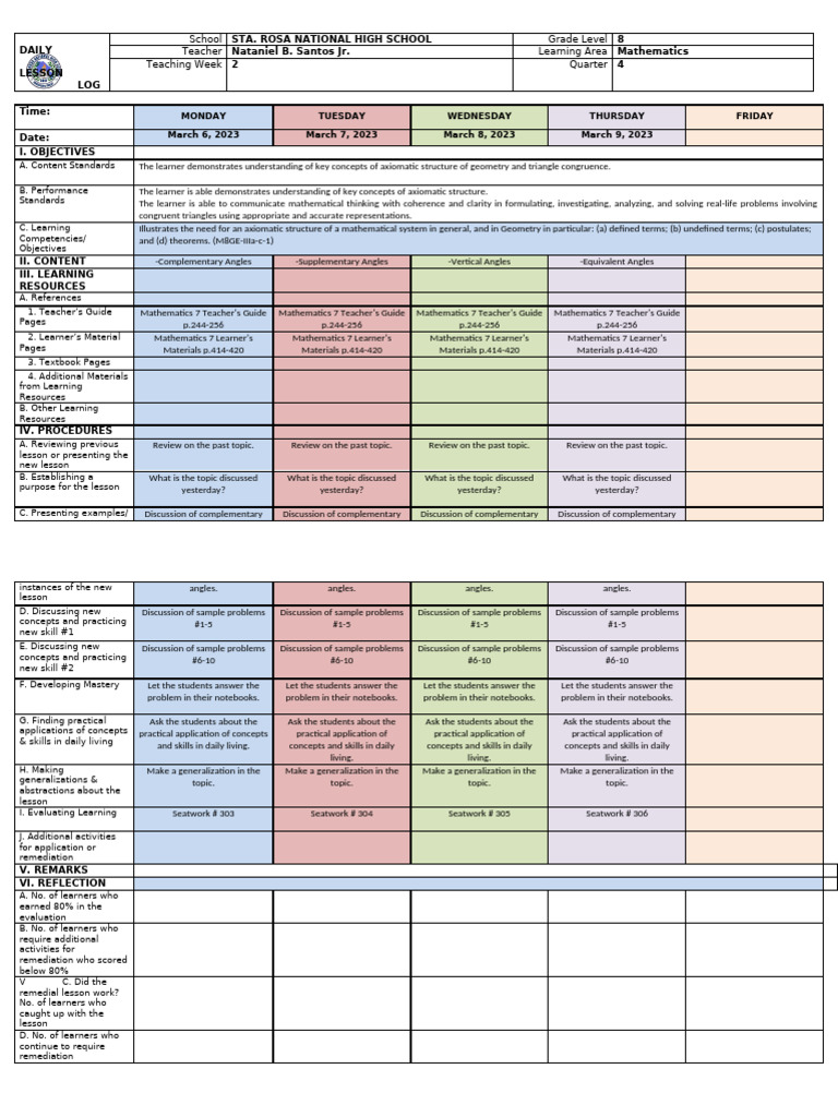 JHS Daily Lesson Log SY 2022 2023 Math8 3rdweek4 | PDF | Mathematics ...