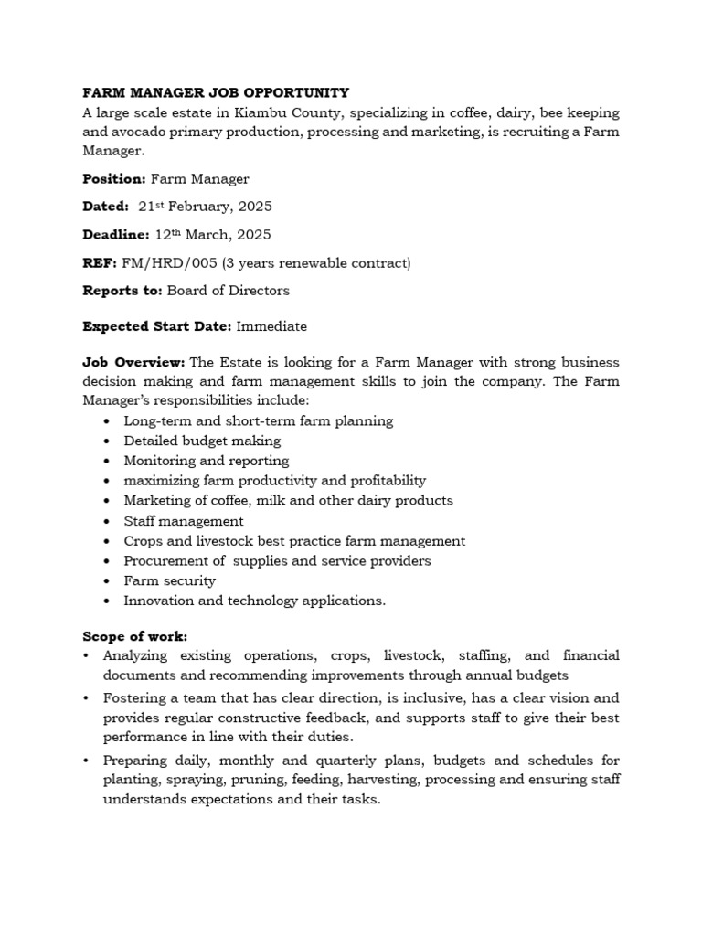 Farm Manager Position in Kiambu County | PDF | Farms | Dairy