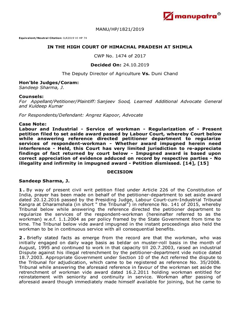 The Deputy Director of Agriculture Vs Duni Chand ...