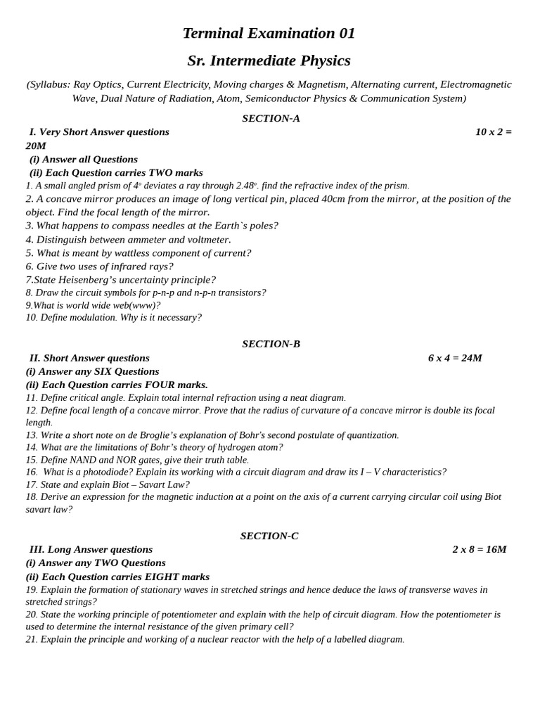 Sr Physics Terminal Paper 01 | PDF | Waves | Mirror