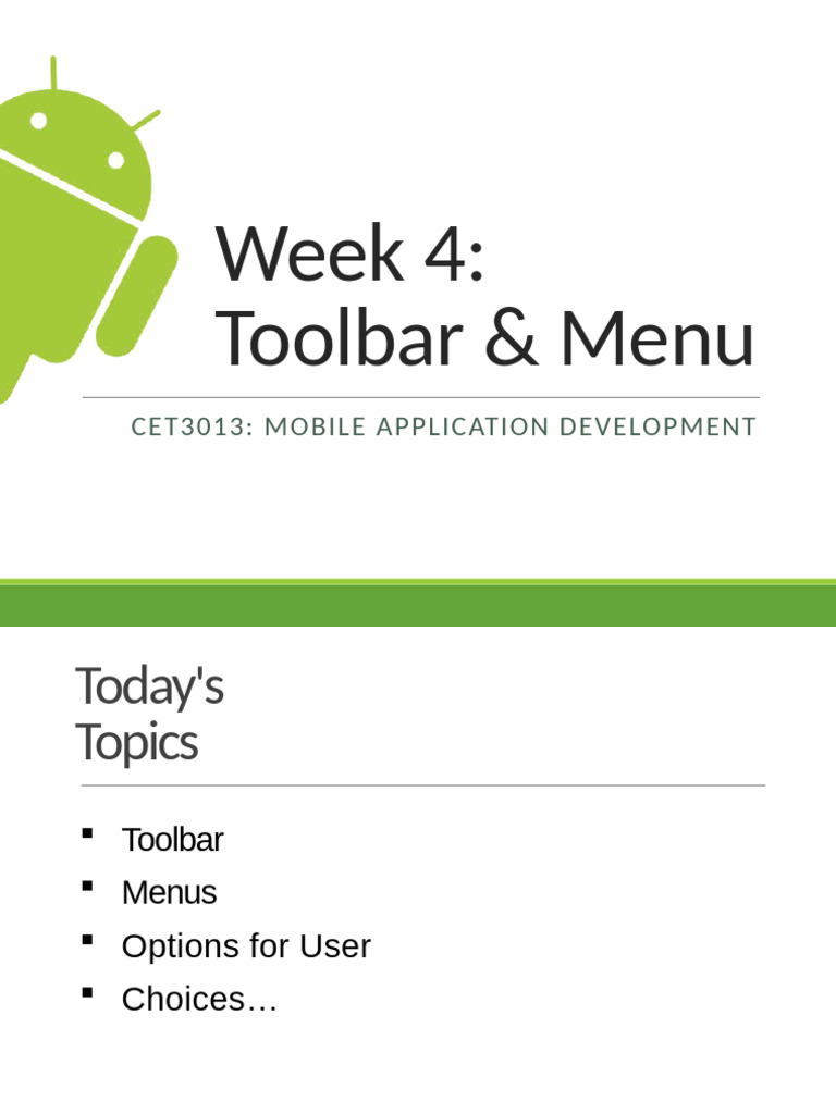 Week 4 Toolbar and Menu | PDF | Menu (Computing) | Android (Operating System)