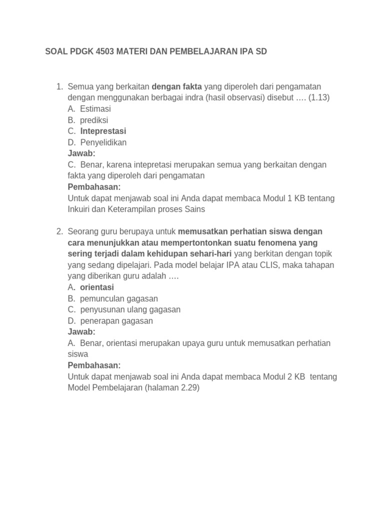 Soal PDGK 4503 Materi Dan Pembelajaran Ipa SD | PDF