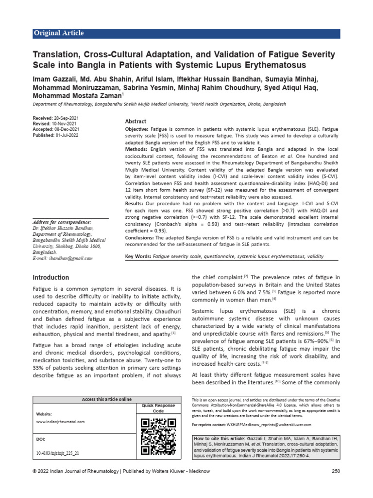 Translation Cross Cultural Adaptation And Validation Of Fss Into Bangla In Patients With Sle