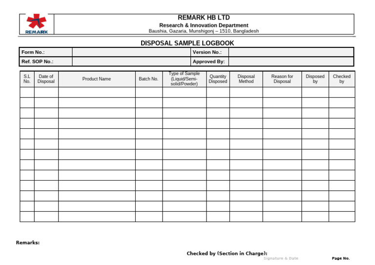Disposal Sample Logbook | PDF