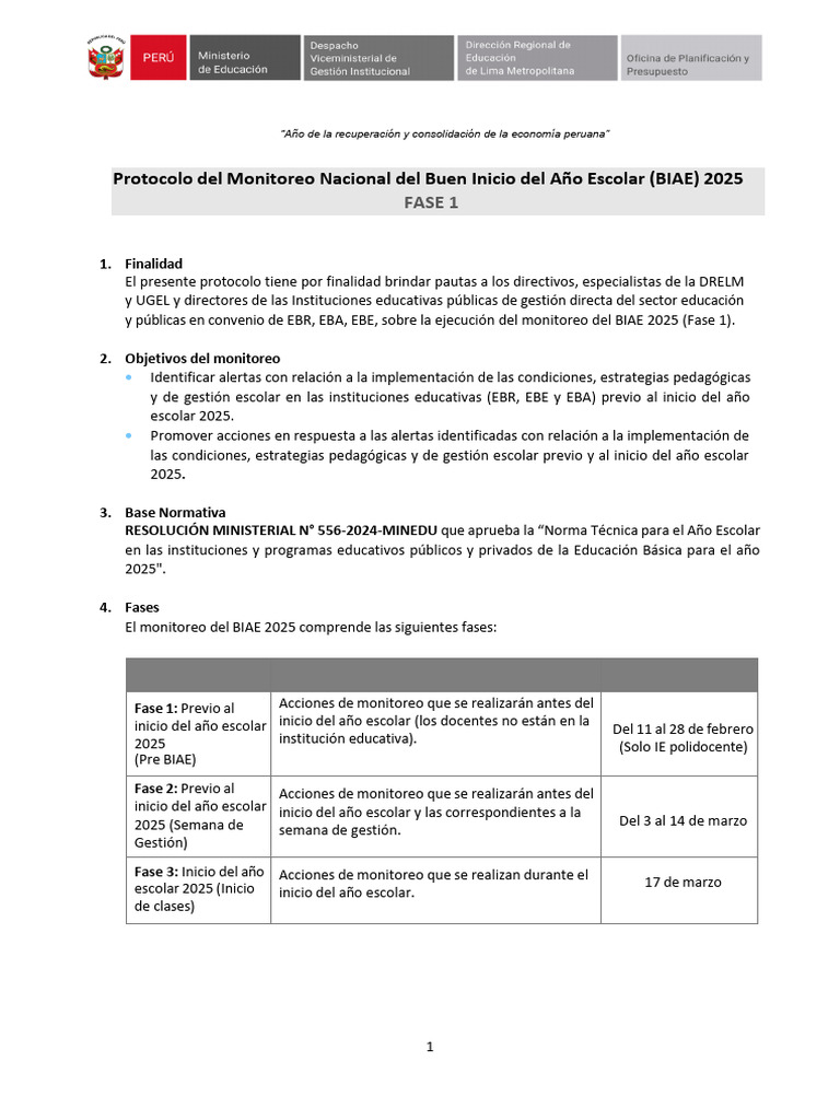 Monitoreo BIAE 2025: Fase 1 Educación | PDF