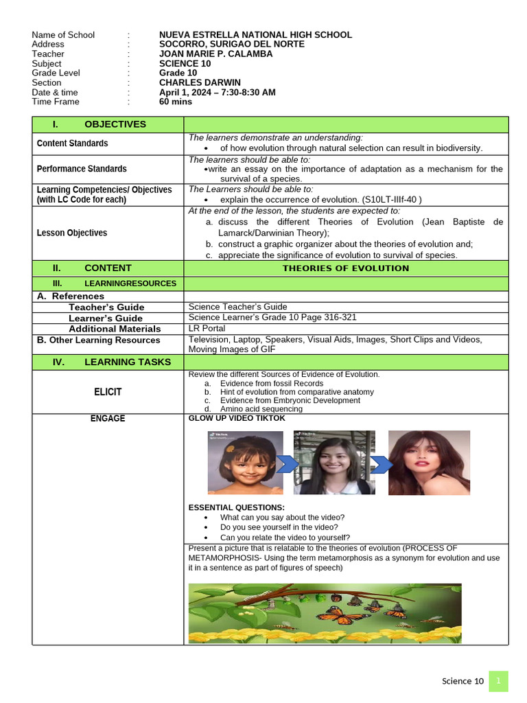 Theories of Evolution Lesson Plan | PDF | Evolution | Natural Selection