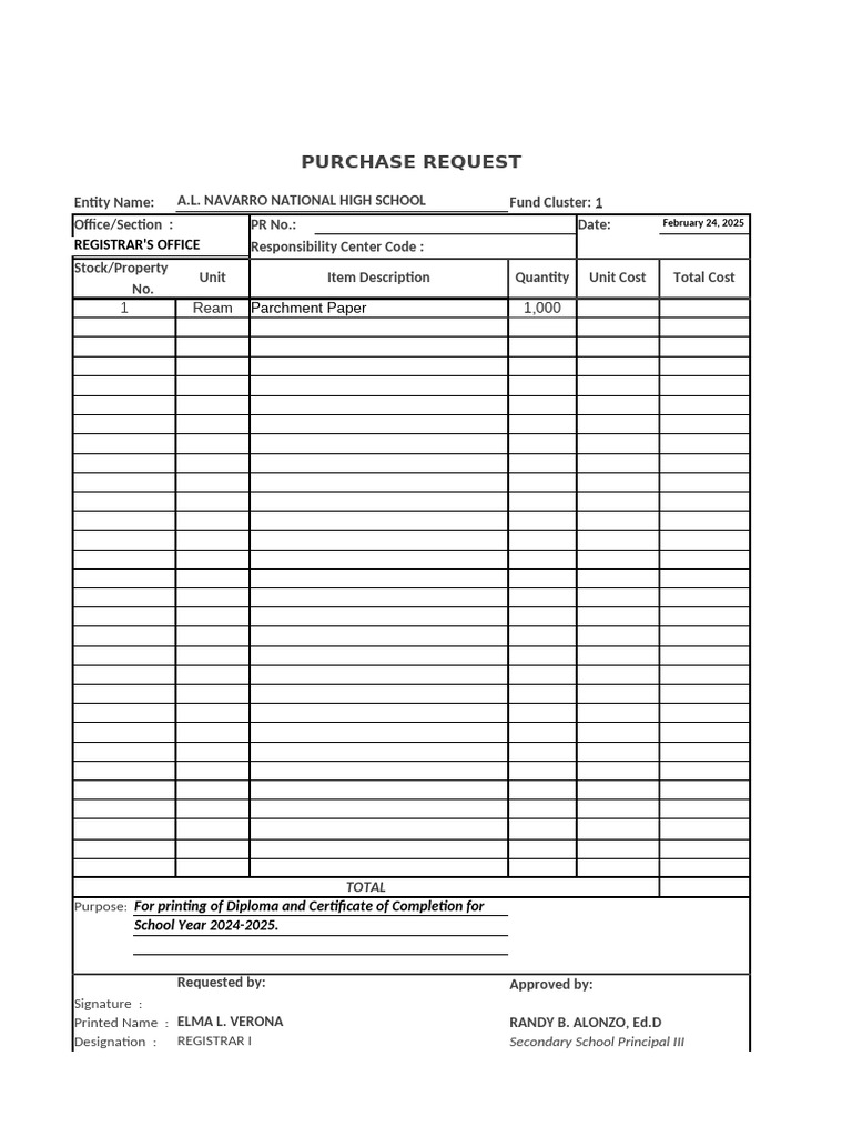 Purchase Request for Diplomas and Certificates | PDF