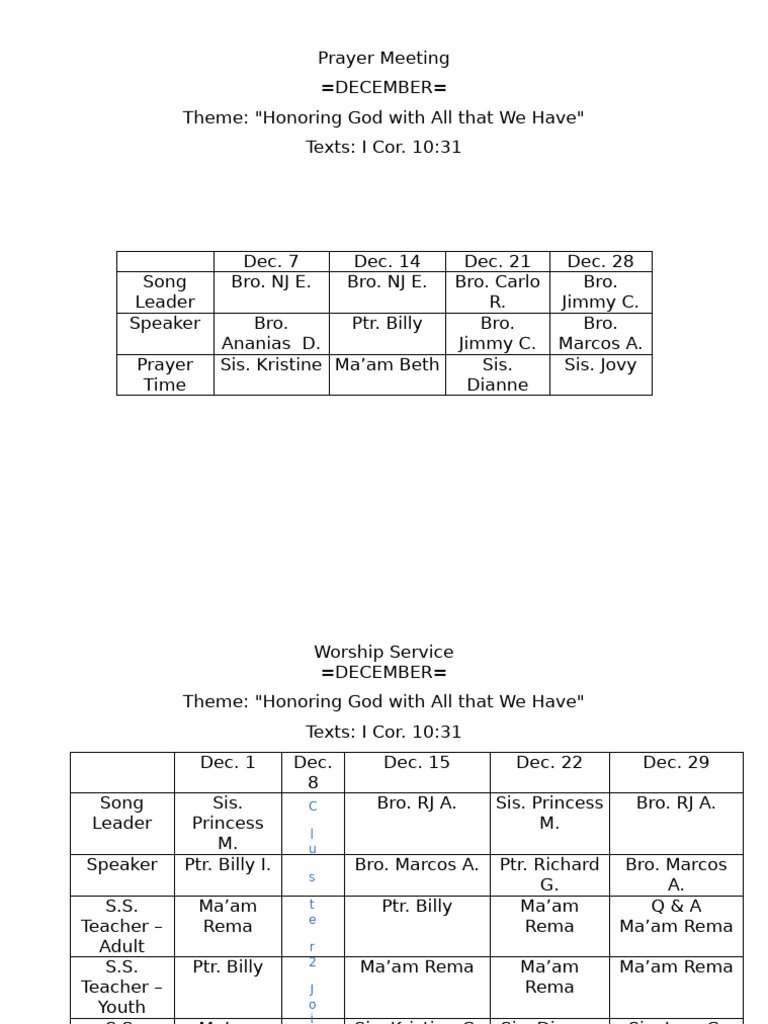 December Prayer Meeting Schedule | PDF
