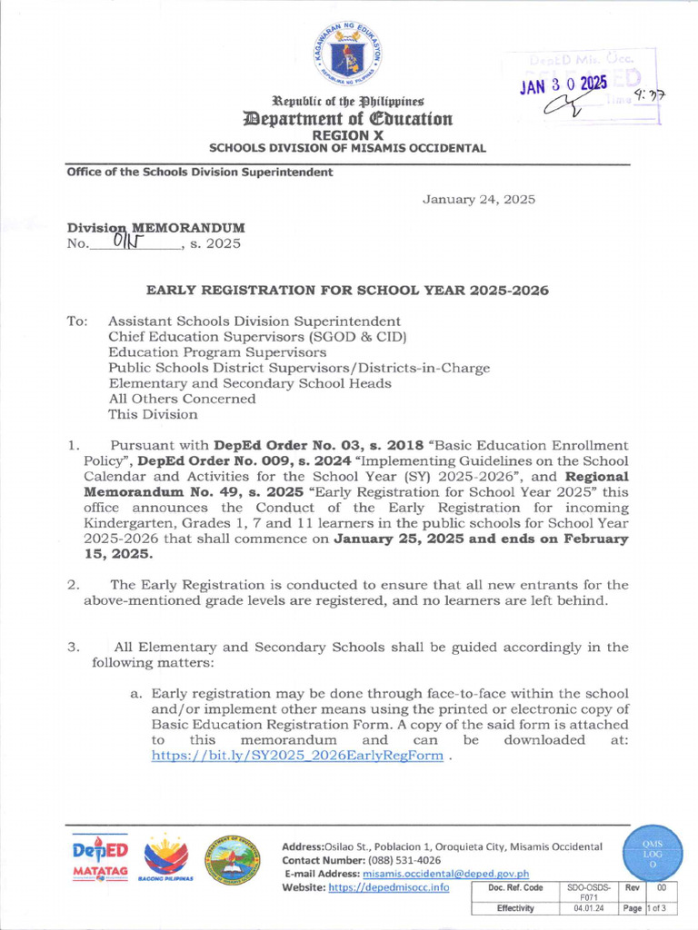 Dm. 0115 S. 2025 Early Registration For School Year 2025 2026 | PDF