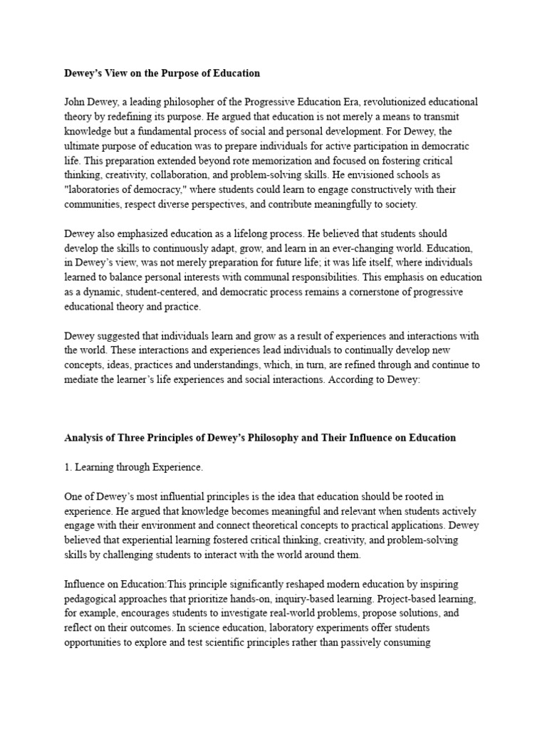 Dewey's Educational Philosophy Explained | PDF | John Dewey | Inquiry ...