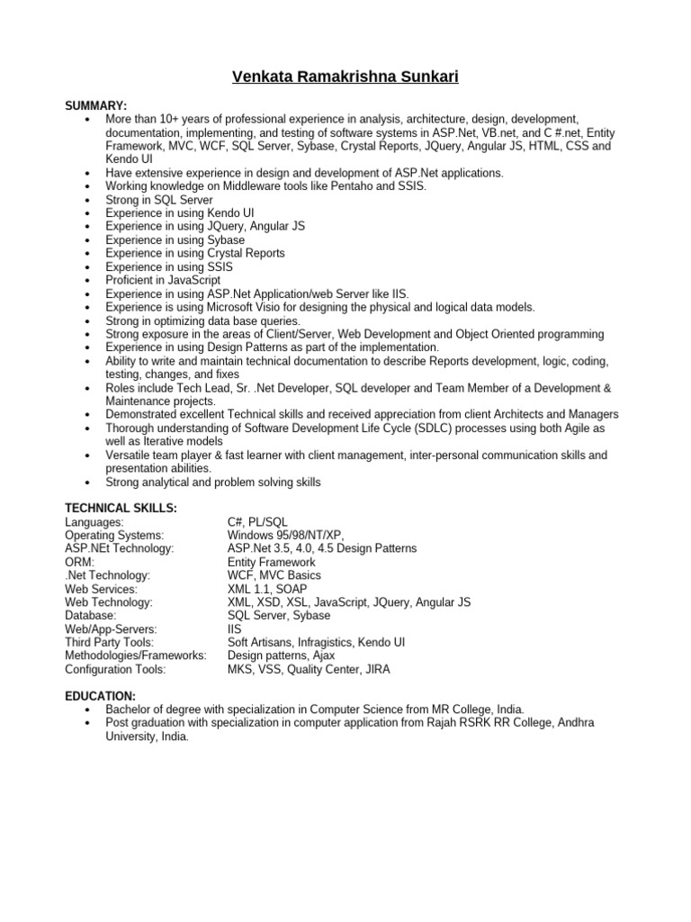 Venkata Ramakrishna Sunkari | PDF | Entity Framework | Microsoft Sql Server