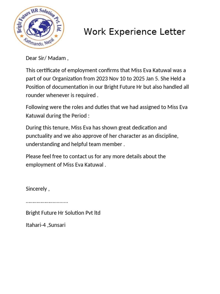 Eva Experience Certificate | PDF