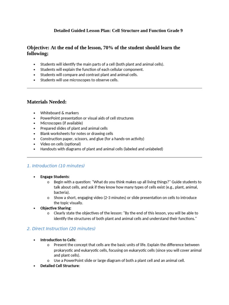 Guided Lesson Plan Biology | PDF | Cell (Biology) | Cytoplasm