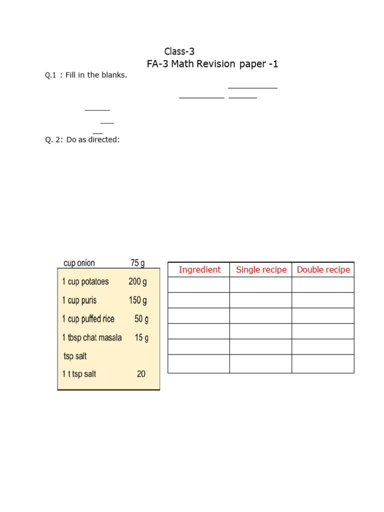 Class 3 Math Revision Paper & Bhel Puri Recipe | PDF | Cuisine | Foods