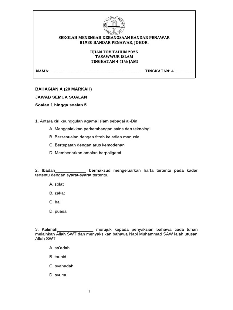 SOALAN TOV TASAWWUR ISLAM TINGKATAN 4 2025 | PDF