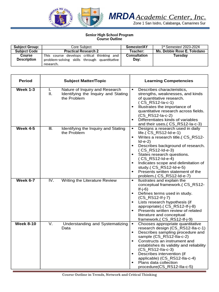 Course Outline in Practical Research 2 | PDF | Statistics | Data Analysis
