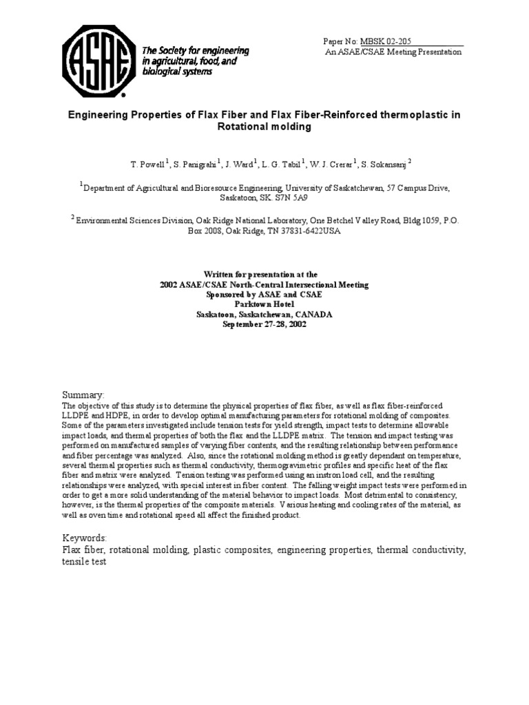 Engineering Properties of Flax Fiber and Flax Fiber-Reinforced Thermoplastic in Rotational ...