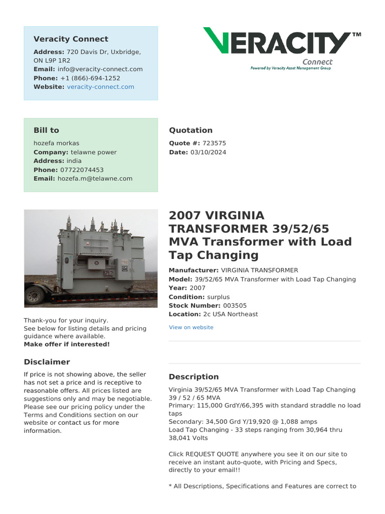 2007 Virginia Transformer 395265 Mva Transformer With Load Tap Changing PDF | PDF