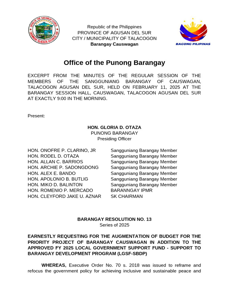 RESO #13 - Template-for-Augmentation-of-SBDP-budget-2025 | PDF | Philippines
