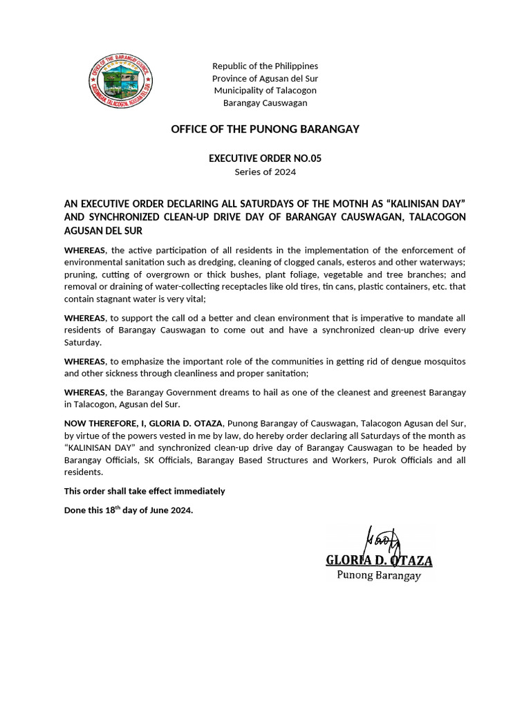 Kalinisan Day Executive Order for Causwagan | PDF
