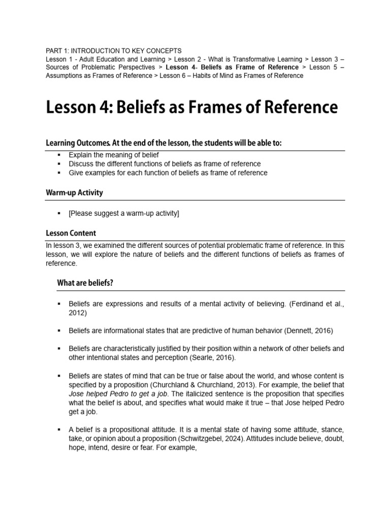 TETCA Lesson 4 Beliefs As Frame of Reference | PDF | Attitude (Psychology) | Proposition