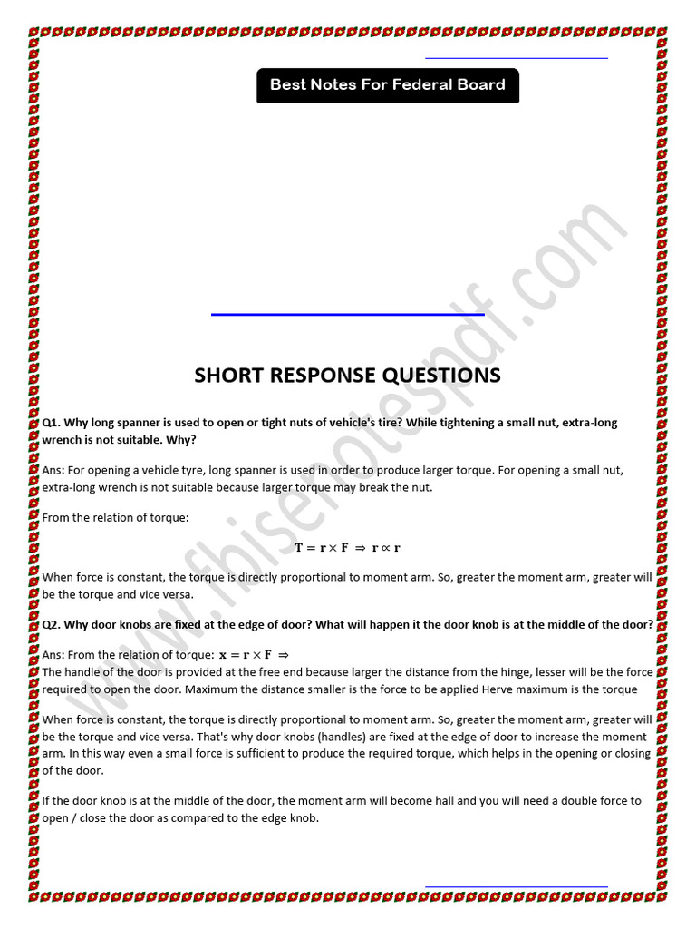 Fbise 9th Phy Short Qs Chap 4 | PDF | Friction | Force