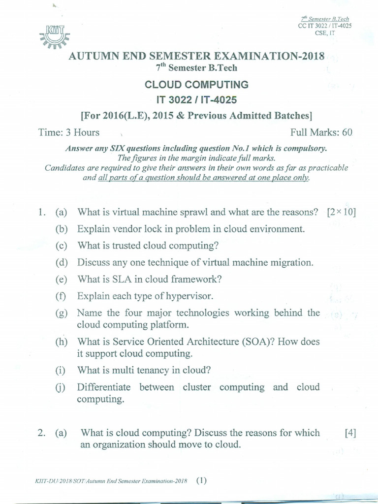 Cloud Computing Question Paper Autumn EndSem 2018, KIIT | PDF