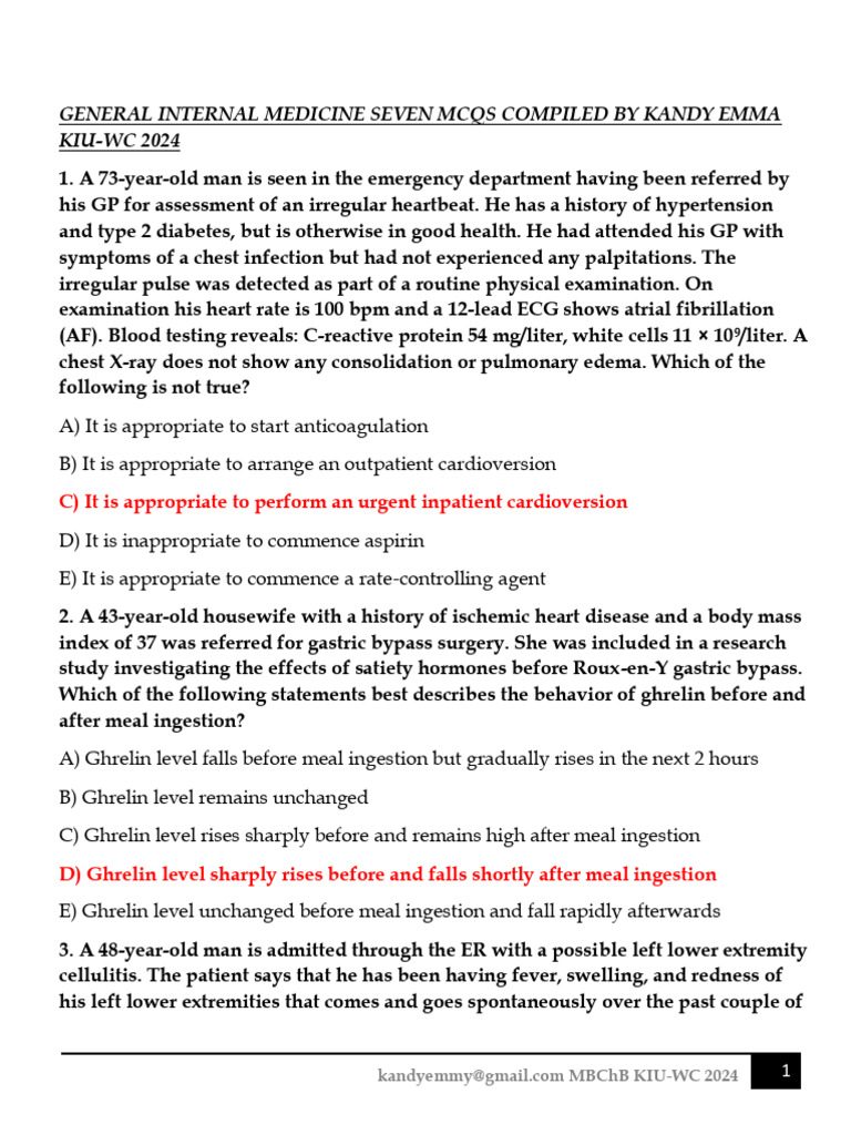 General Internal Medicine MCQs 2024 | PDF | Esophagus | Aorta
