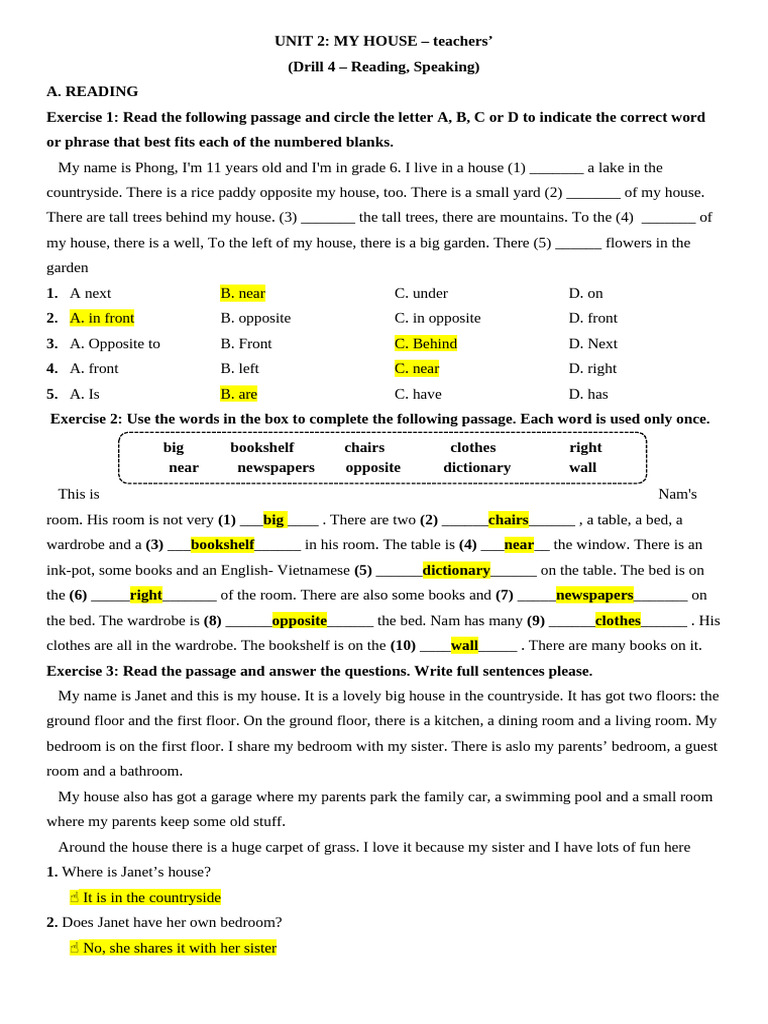 (G6-U2) Drill 4 - Reading, Speaking (GV) | PDF | Room | Bathroom