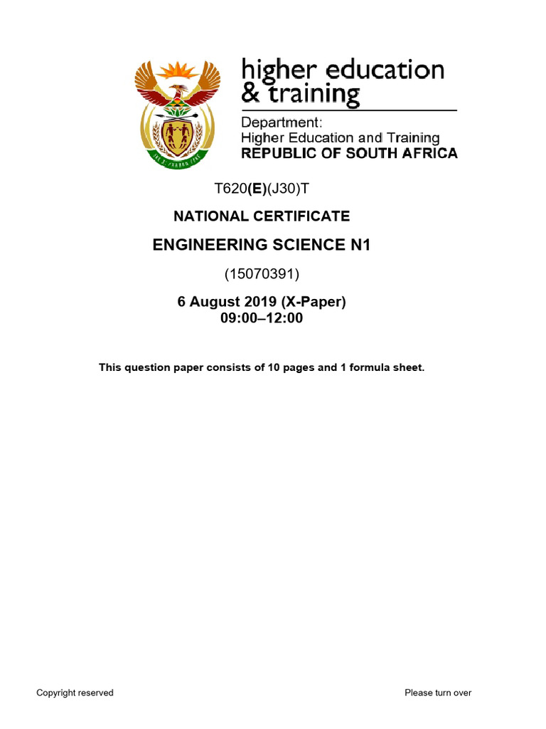 N1 Engineering Science August 2019 | PDF | Force | Heat