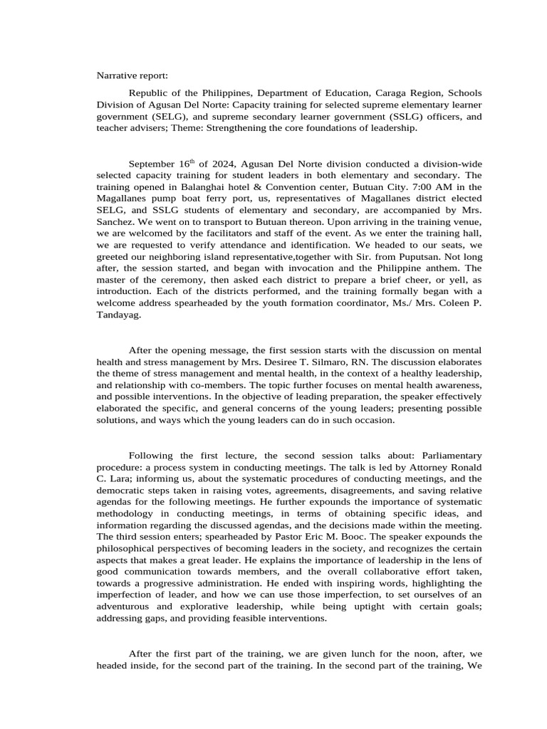 Narrative Report On Division SELG. and SSLG. Capacity Training. | PDF ...